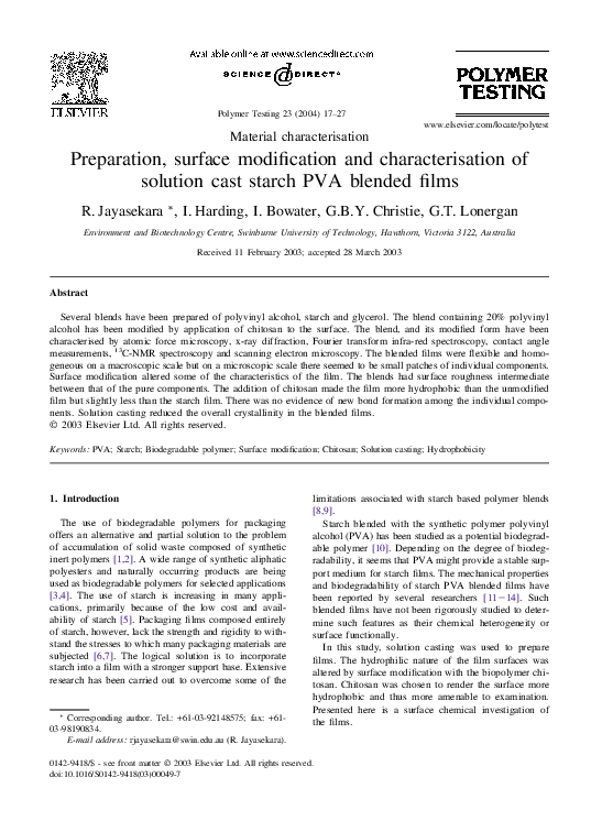 (PDF) Preparation, surface modification and characterisation of solution cast starch PVA blended ...