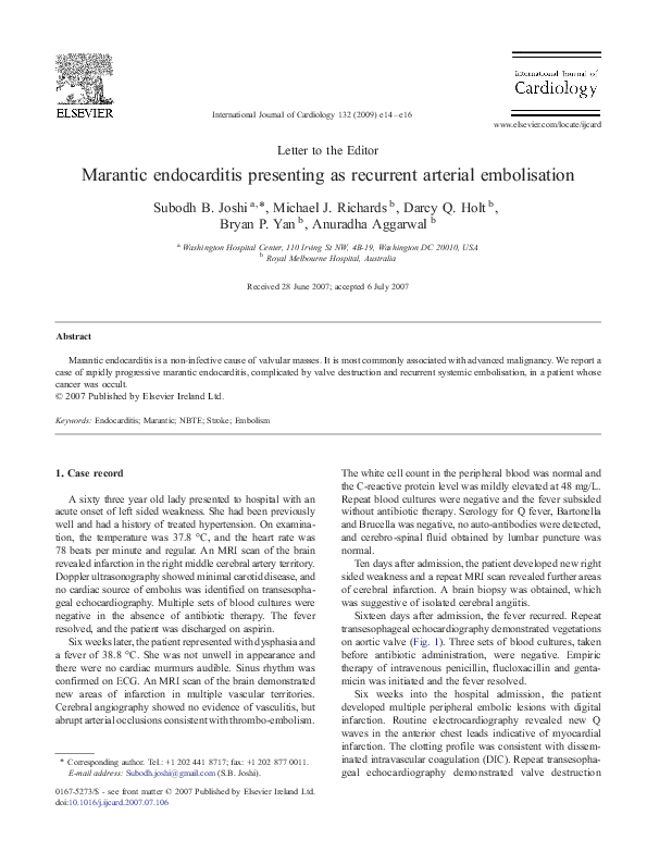 (PDF) Marantic endocarditis presenting as recurrent arterial embolisation