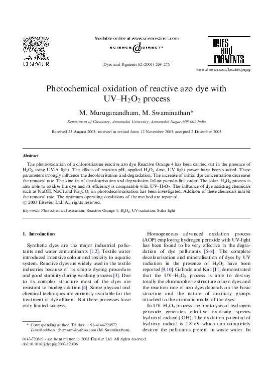 (PDF) Photochemical oxidation of reactive azo dye with UV H 2O 2 process