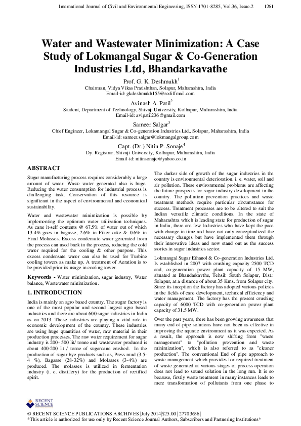 (PDF) Water and Wastewater Minimization: A Case Study of Lokmangal Sugar & Co-Generation ...
