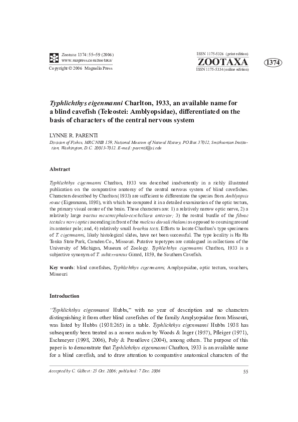 (PDF) Typhlichthys eigenmanni Charlton, 1933, an available name for a ...
