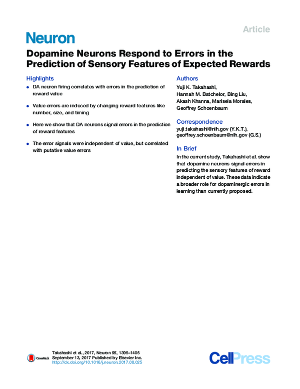 (PDF) Dopamine Neurons Respond to Errors in the Prediction of Sensory Features of Expected ...