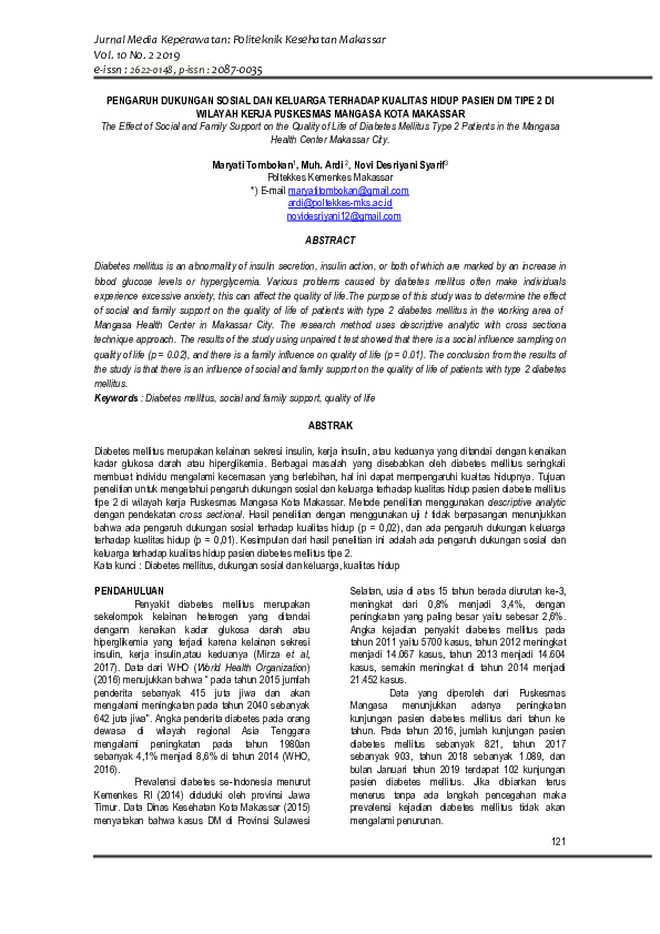 (PDF) Pengaruh Dukungan Sosial Dan Keluarga Terhadap Kualitas Hidup Pasien DM Tipe 2 DI Wilayah ...