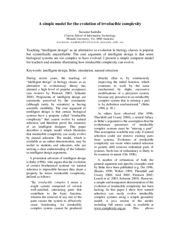 (PDF) A simple model for the evolution of irreducible complexity