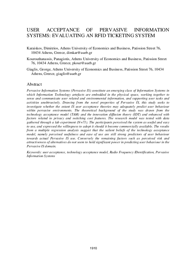 (PDF) User Acceptance of Pervasive Information Systems: Evaluating an RFID Ticketing System