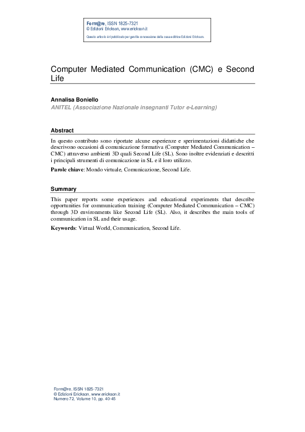 (PDF) Computer Mediated Communication (CMC) e Second Life