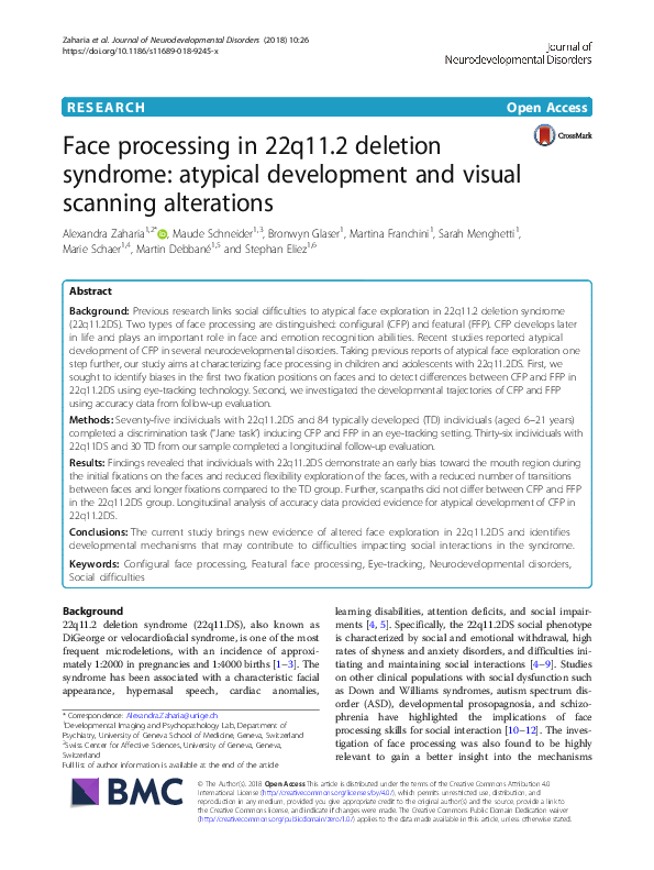 (PDF) Face processing in 22q11.2 deletion syndrome: atypical development and visual scanning ...