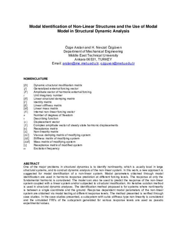 Pdf Modal Identification Of Non Linear Structures And The Use Of Modal Model In Structural