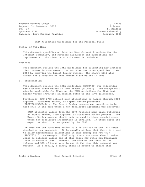(PDF) IANA Allocation Guidelines for the Protocol Field