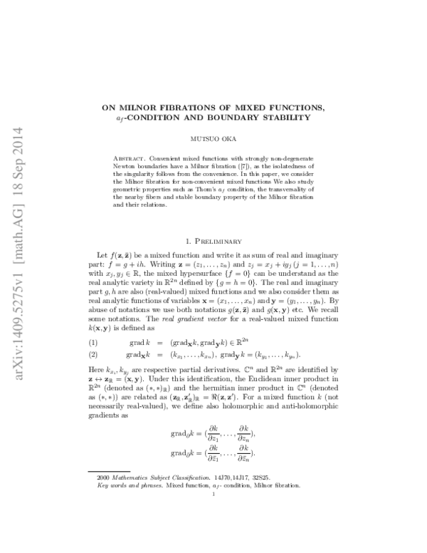 (PDF) On Milnor fibrations of mixed functions, af-condition and ...