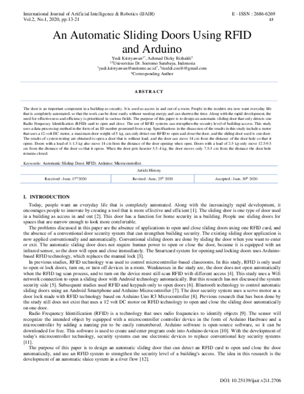 (PDF) An Automatic Sliding Doors Using RFID and Arduino