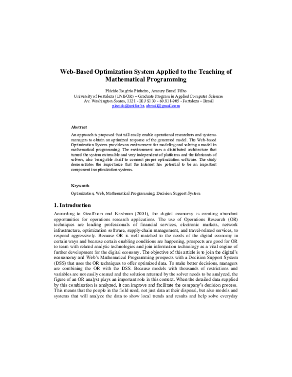 (PDF) Web-Based Optimization System Applied to the Teaching of Mathematical Programming