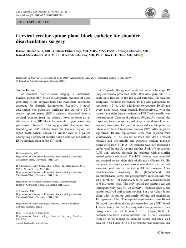 (PDF) Cervical erector spinae plane block catheter for shoulder ...