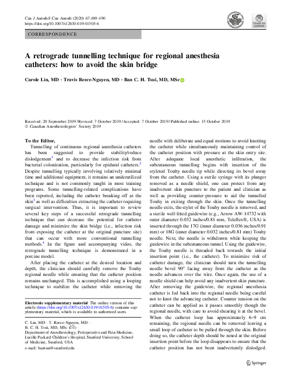 (PDF) A retrograde tunnelling technique for regional anesthesia ...