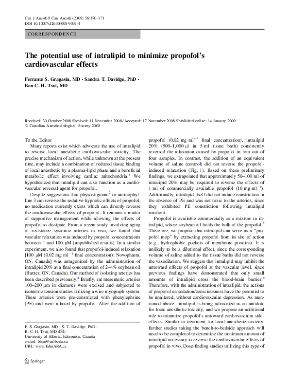 (PDF) The potential use of intralipid to minimize propofol’s ...