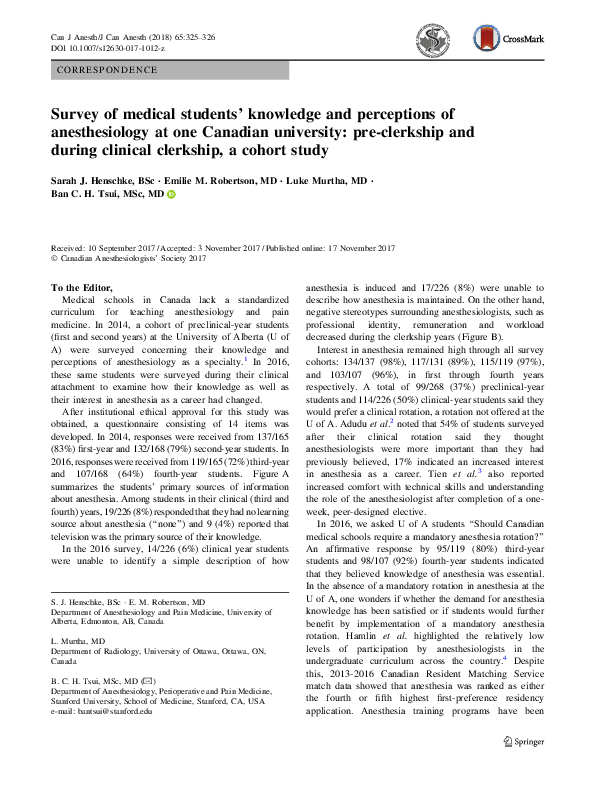 (PDF) Survey of medical students’ knowledge and perceptions of anesthesiology at one Canadian ...