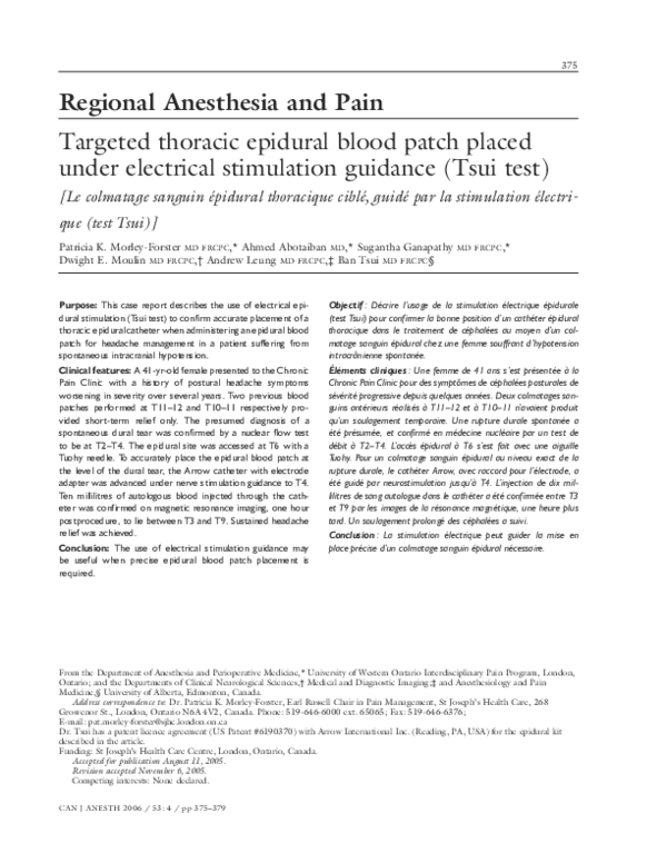(PDF) Regional Anesthesia and Pain Targeted thoracic epidural blood ...