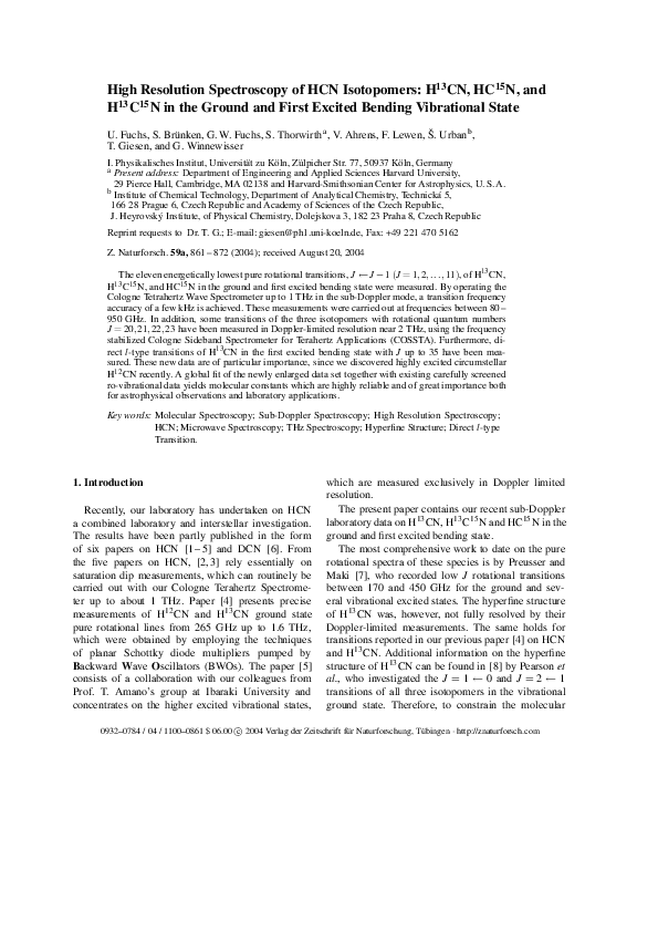 (PDF) High Resolution Spectroscopy of HCN Isotopomers: H13CN, HC15N ...