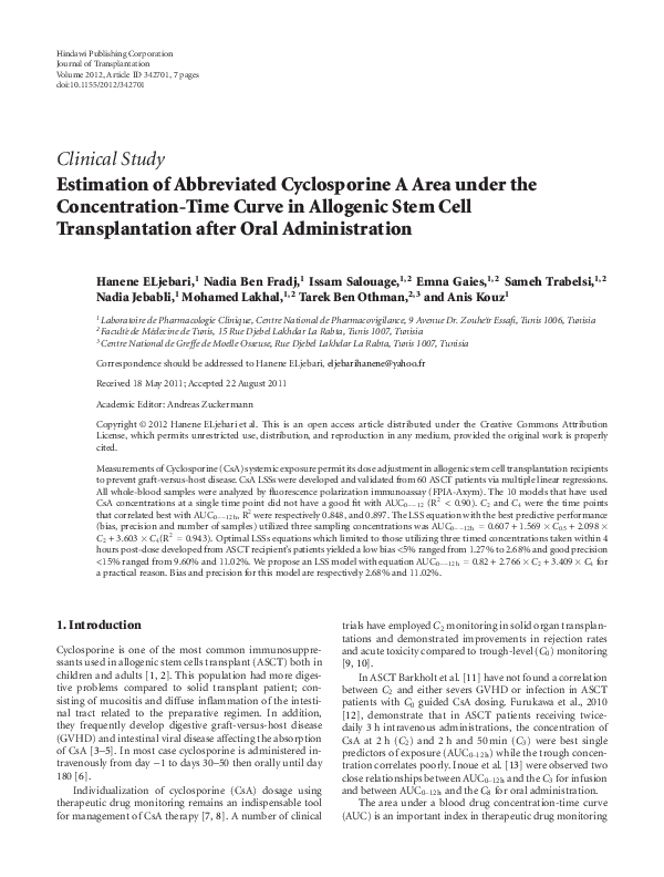 Pdf Estimation Of Abbreviated Cyclosporine A Area Under The Concentration Time Curve In