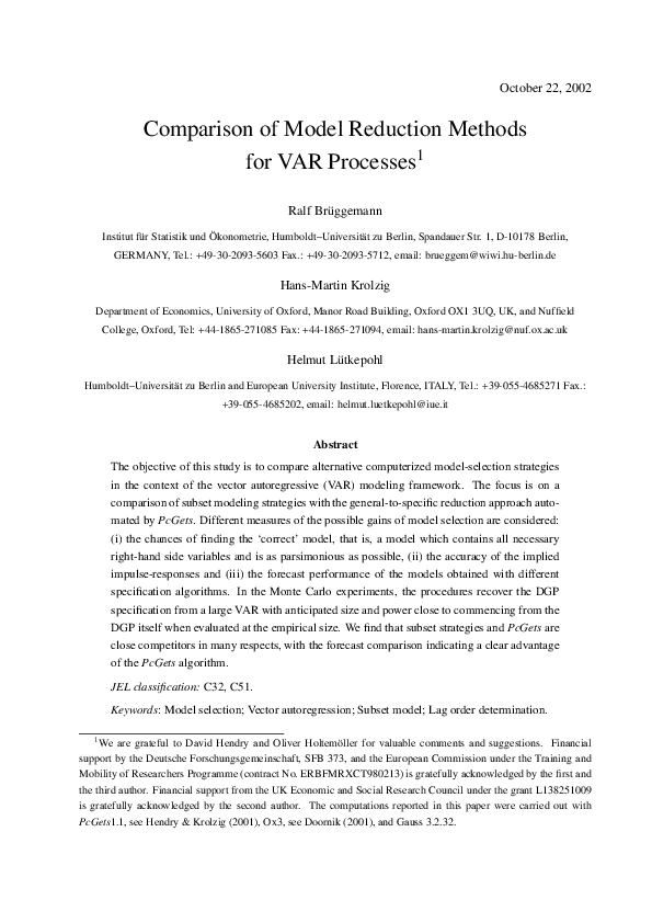 Pdf Comparison Of Model Reduction Methods For Var Processes
