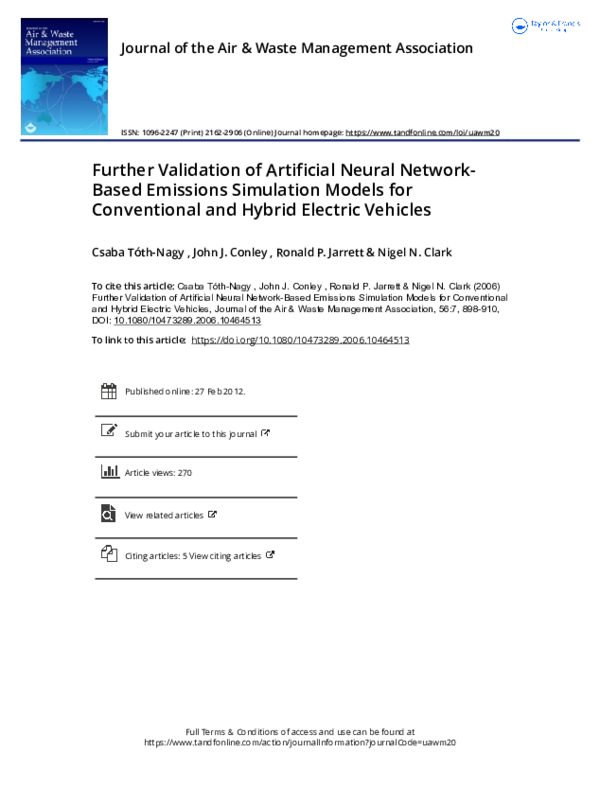 Pdf Further Validation Of Artificial Neural Network Based Emissions Simulation Models For