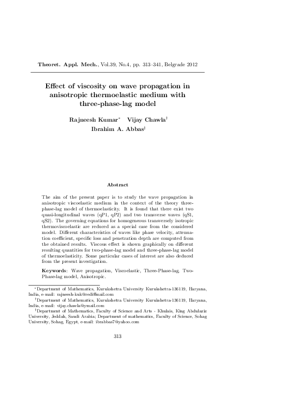(PDF) Effect of viscosity on wave propagation in anisotropic thermoelastic medium with three ...