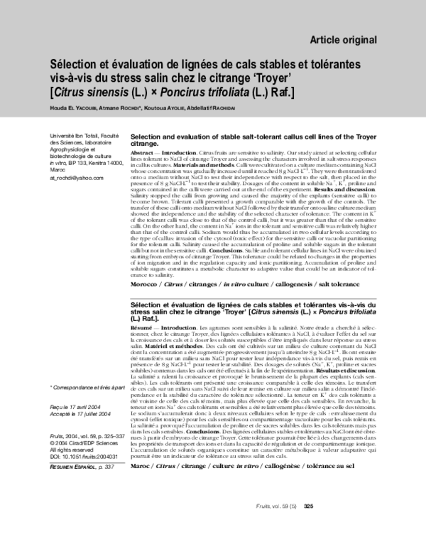 (PDF) Sélection et évaluation de lignées de cals stables et tolérantes ...