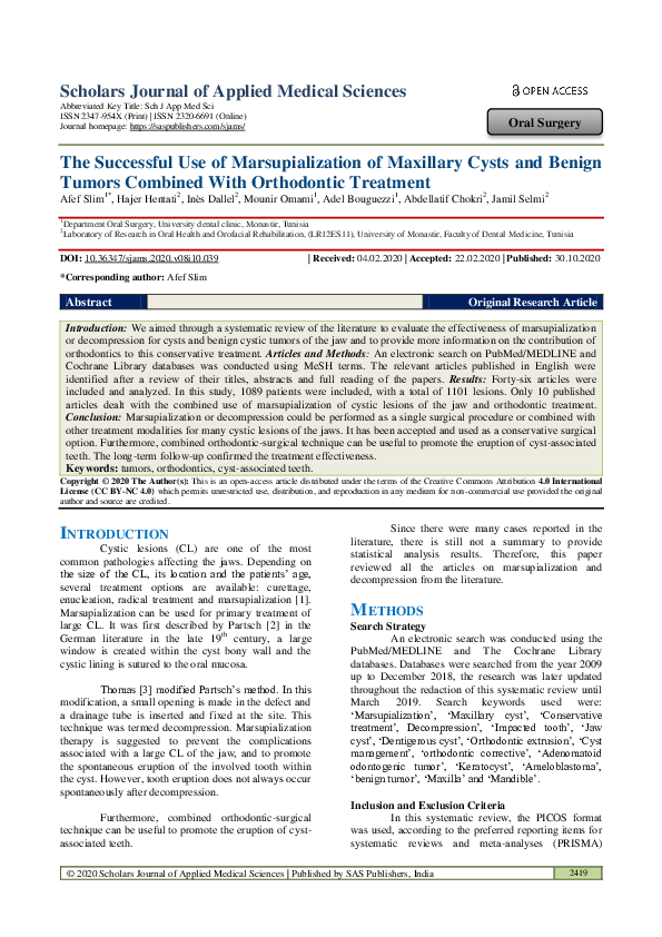 (PDF) The Successful Use of Marsupialization of Maxillary Cysts and ...