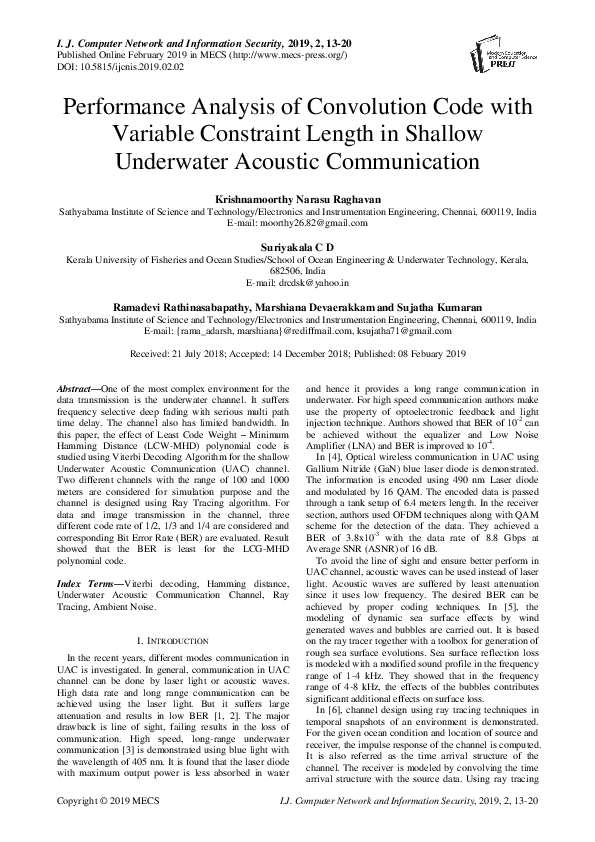 Pdf Performance Analysis Of Convolution Code With Variable Constraint