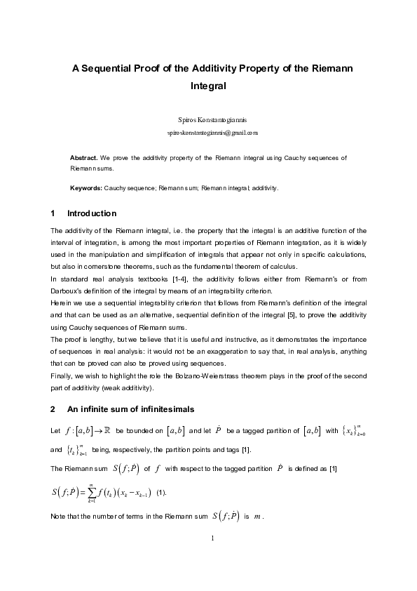 (PDF) A Sequential Proof of the Additivity Property of the Riemann Integral