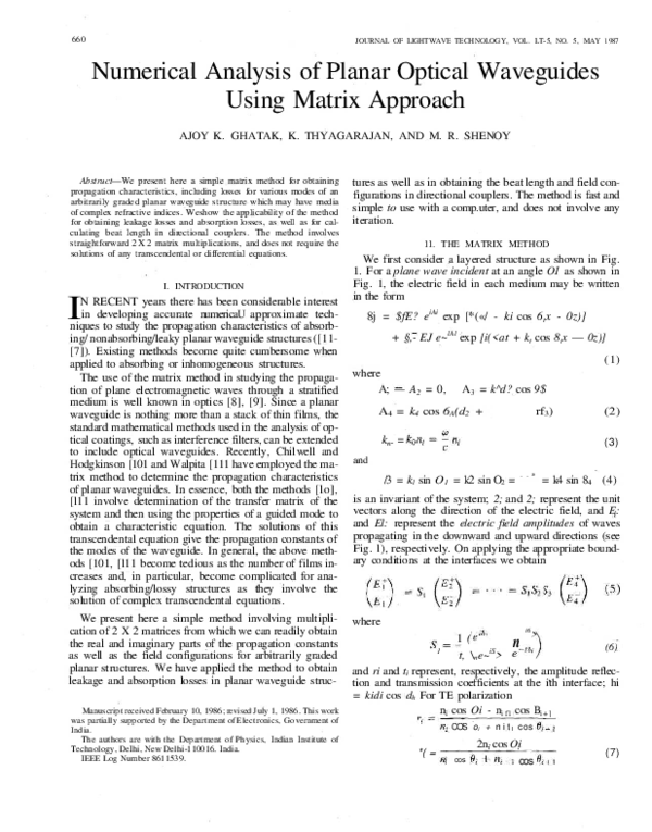 (PDF) Numerical analysis of planar optical waveguides using matrix approach