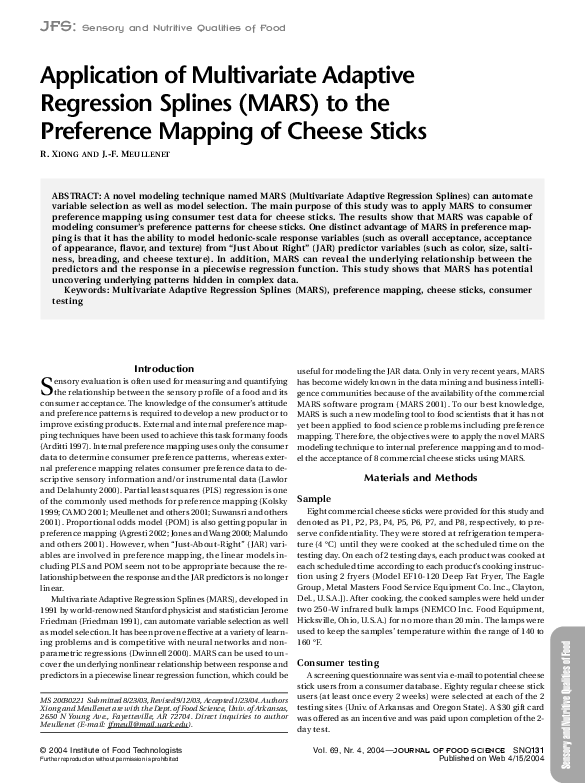(PDF) Application of Multivariate Adaptive Regression Splines (MARS) to ...