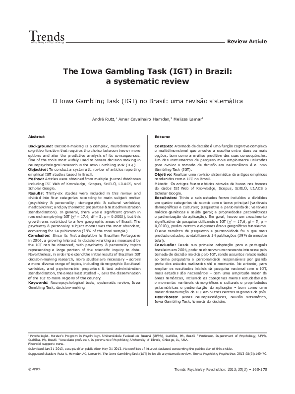 (PDF) The Iowa Gambling Task (IGT) in Brazil: a systematic review