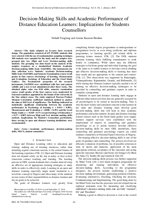 (PDF) Decision-Making Skills and Academic Performance of Distance ...