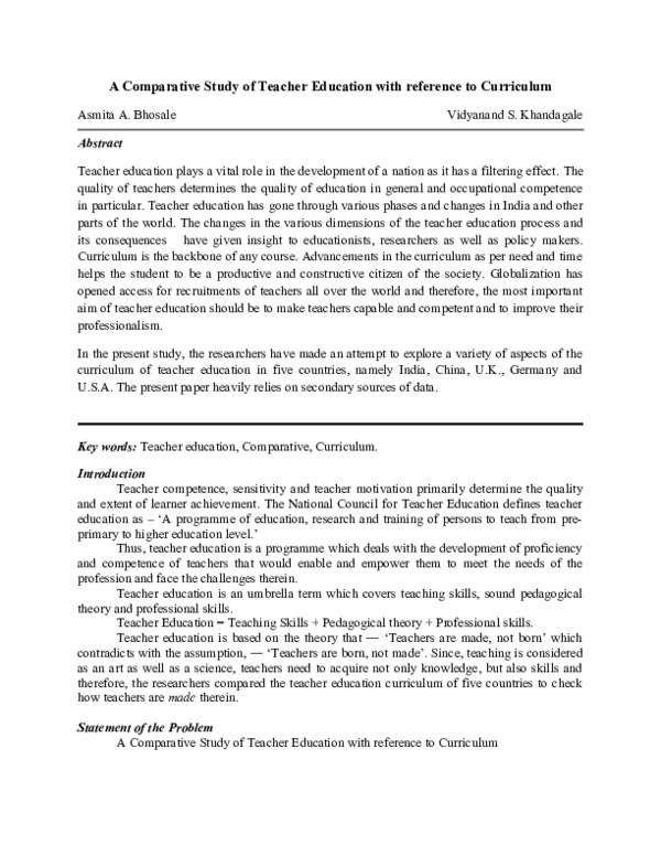 (DOC) A Comparative Study of Teacher Education with reference to Curriculum