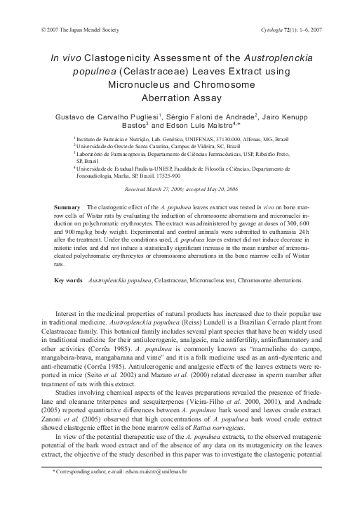 (PDF) In vivo Clastogenicity Assessment of the Austroplenckia populnea ...