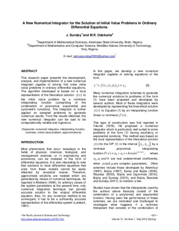 (PDF) A New Numerical Integrator for the Solution of Initial Value Problems in Ordinary ...