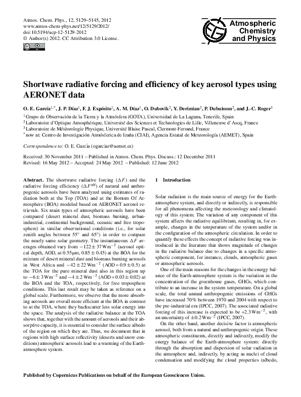 (PDF) Shortwave radiative forcing and efficiency of key aerosol types ...