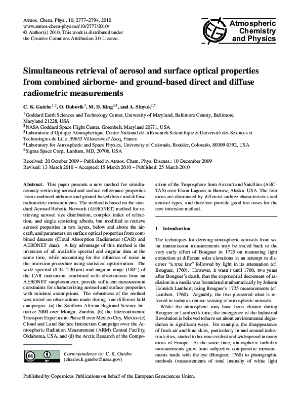 (PDF) Simultaneous retrieval of aerosol and surface optical properties from combined airborne ...
