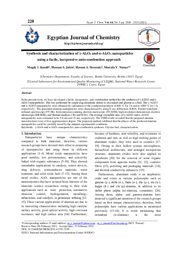 (PDF) Synthesis and characterization of γ-Al2O3 and α-Al2O3 nanoparticles using a facile ...