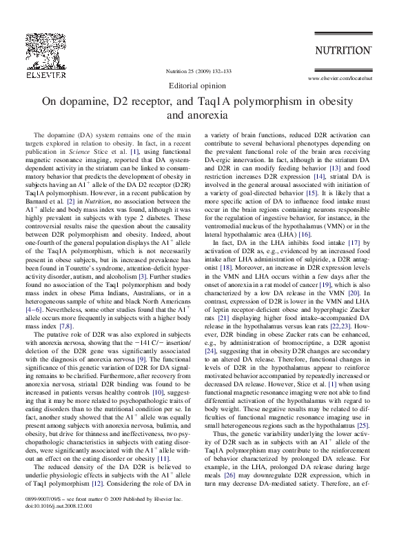 (PDF) On dopamine, D2 receptor, and Taq1A polymorphism in obesity and ...