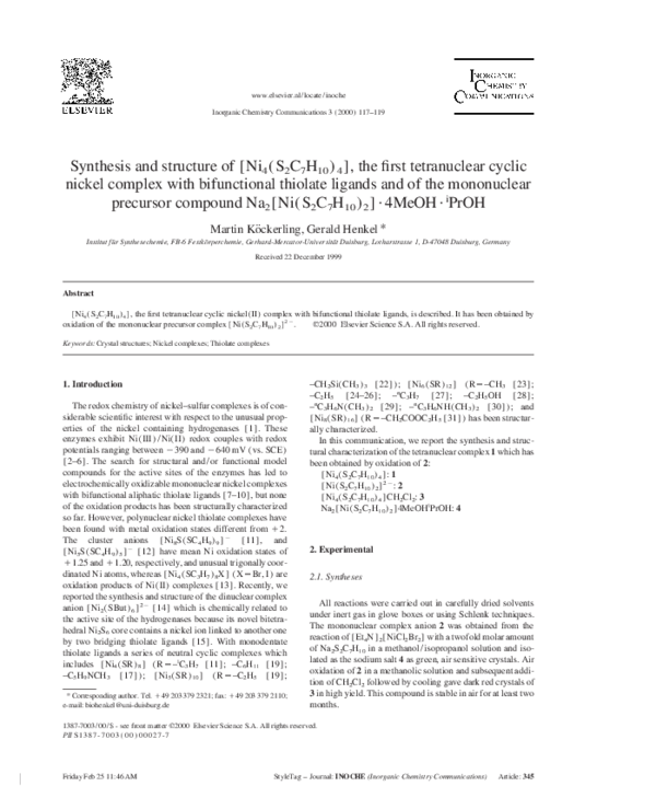 (PDF) Synthesis and structure of [Ni4(S2C7H10)4], the first ...