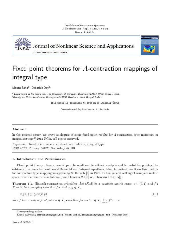 (PDF) Fixed point theorems for A-contraction mappings of integral type