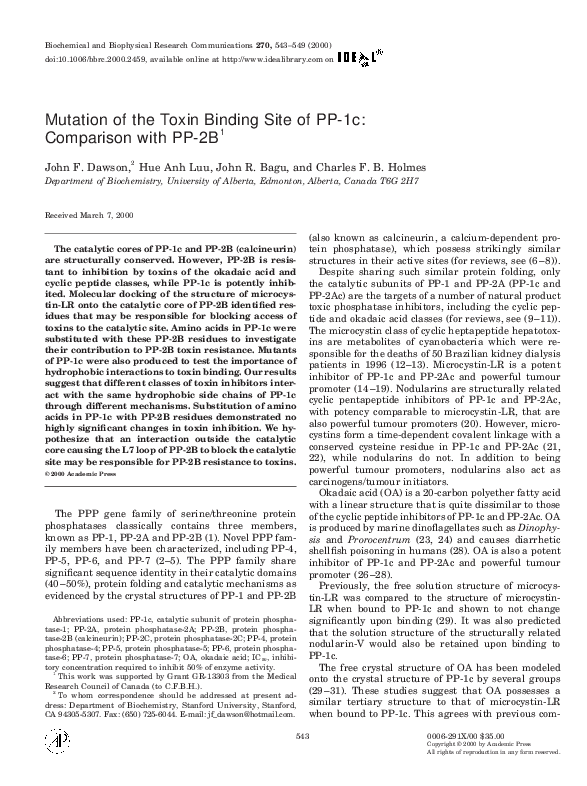 (PDF) Mutation of the Toxin Binding Site of PP-1c: Comparison with PP-2B