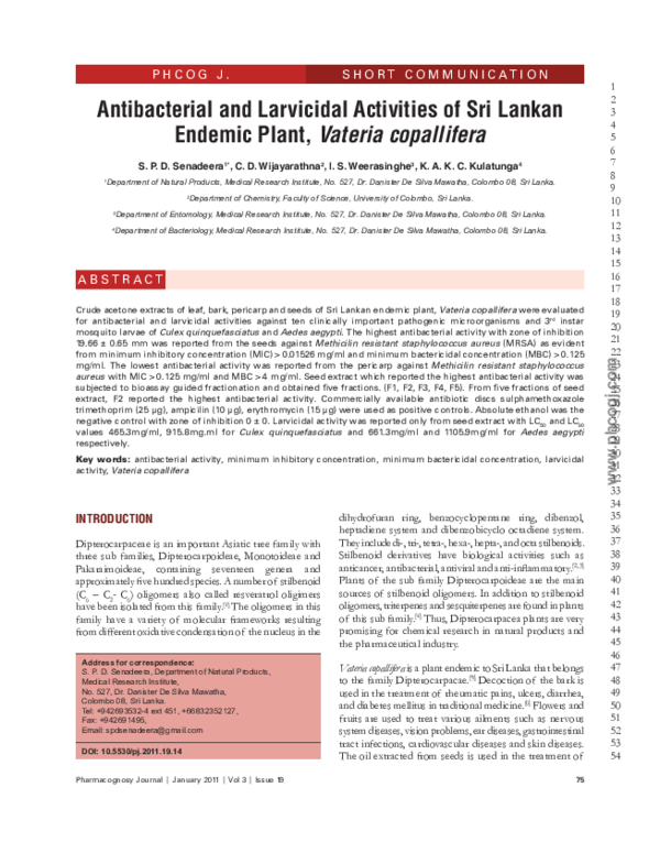 Pdf Antibacterial And Larvicidal Activities Of Sri Lankan Endemic
