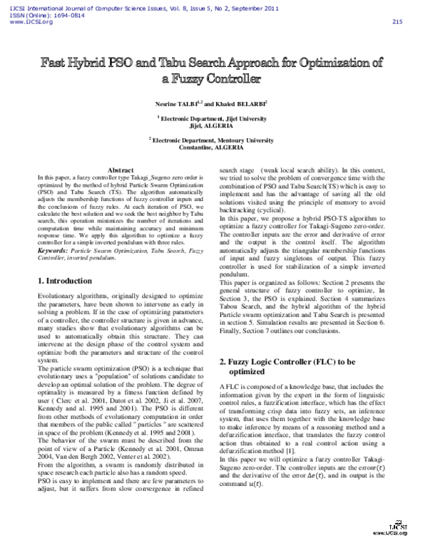 (PDF) Fast Hybrid PSO and Tabu Search Approach for Optimization of a Fuzzy Controller