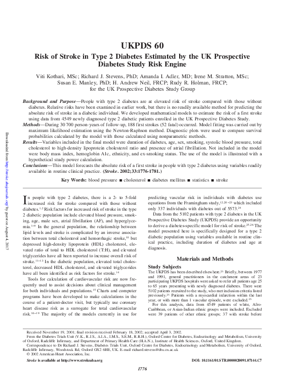 (PDF) UKPDS 60: Risk of Stroke in Type 2 Diabetes Estimated by the UK ...