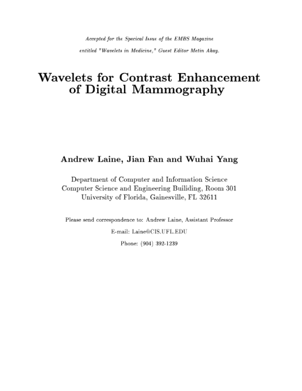 (PDF) Wavelets for contrast enhancement of digital mammography