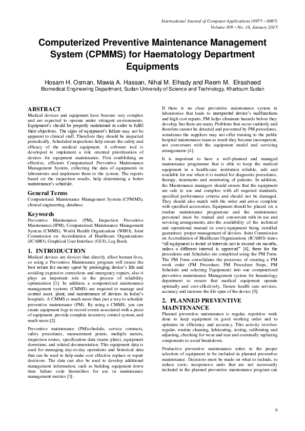 (PDF) Computerized Preventive Maintenance Management System (CPMMS) for ...