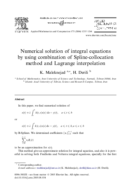 (PDF) Numerical solution of integral equations by using combination of Spline-collocation method ...